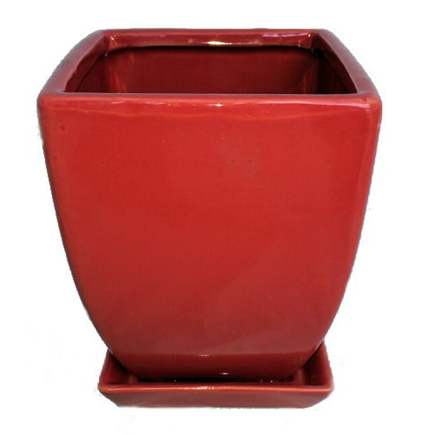 Tapered Square Ceramic Pot/Saucer - Red/Paprika - 6 1/4" x 7 1/2 ...