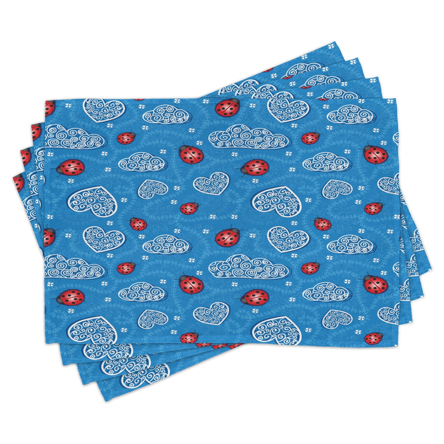 Ambesonne Cartoon Place Mats Set of 4, Ladybugs Hearts Clouds, Standard ...
