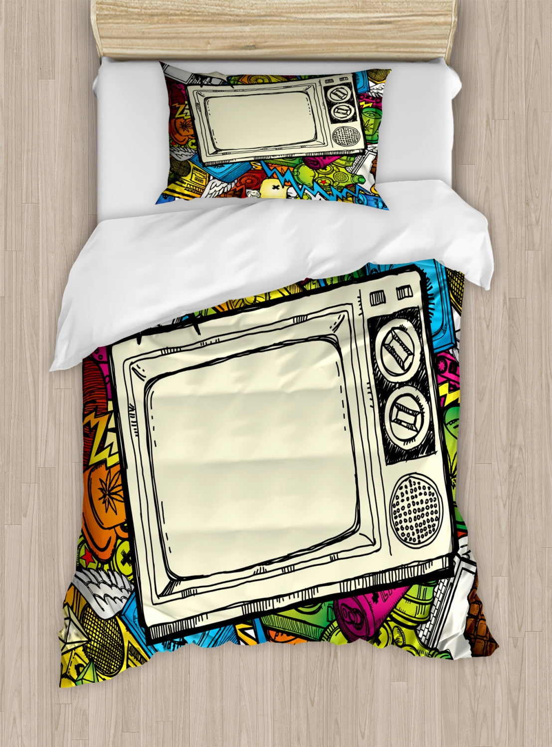 Hip Hop Twin Size Duvet Cover Set, 90s Theme Retro Style Linear Drawn ...