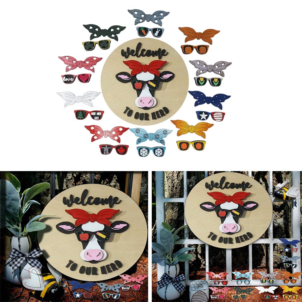 UDIYO Wooden Round Bull Head Welcome Sign, Replaceable Decoration Wood ...