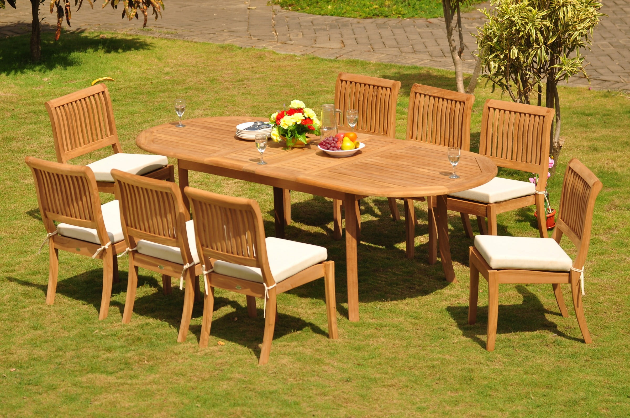 Teak Dining Set: 8 Seater 9 Pc: 94" Oval Table & 8 Stacking Arbor ...