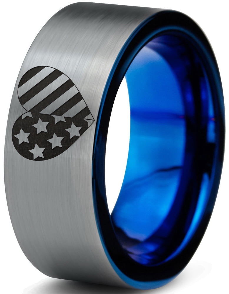 Tungsten Racing Flag Band Ring 8mm Men Women Comfort Fit Blue Flat Cut ...