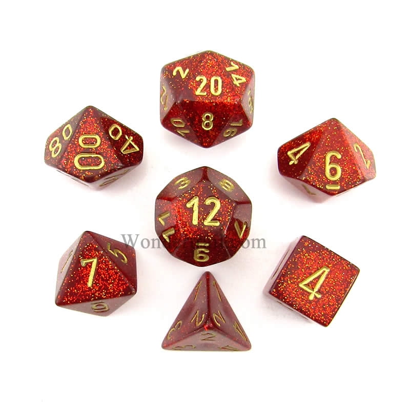 Ruby Glitter Dice with Gold Numbers 16mm (5/8in) Set of 7 Chessex ...