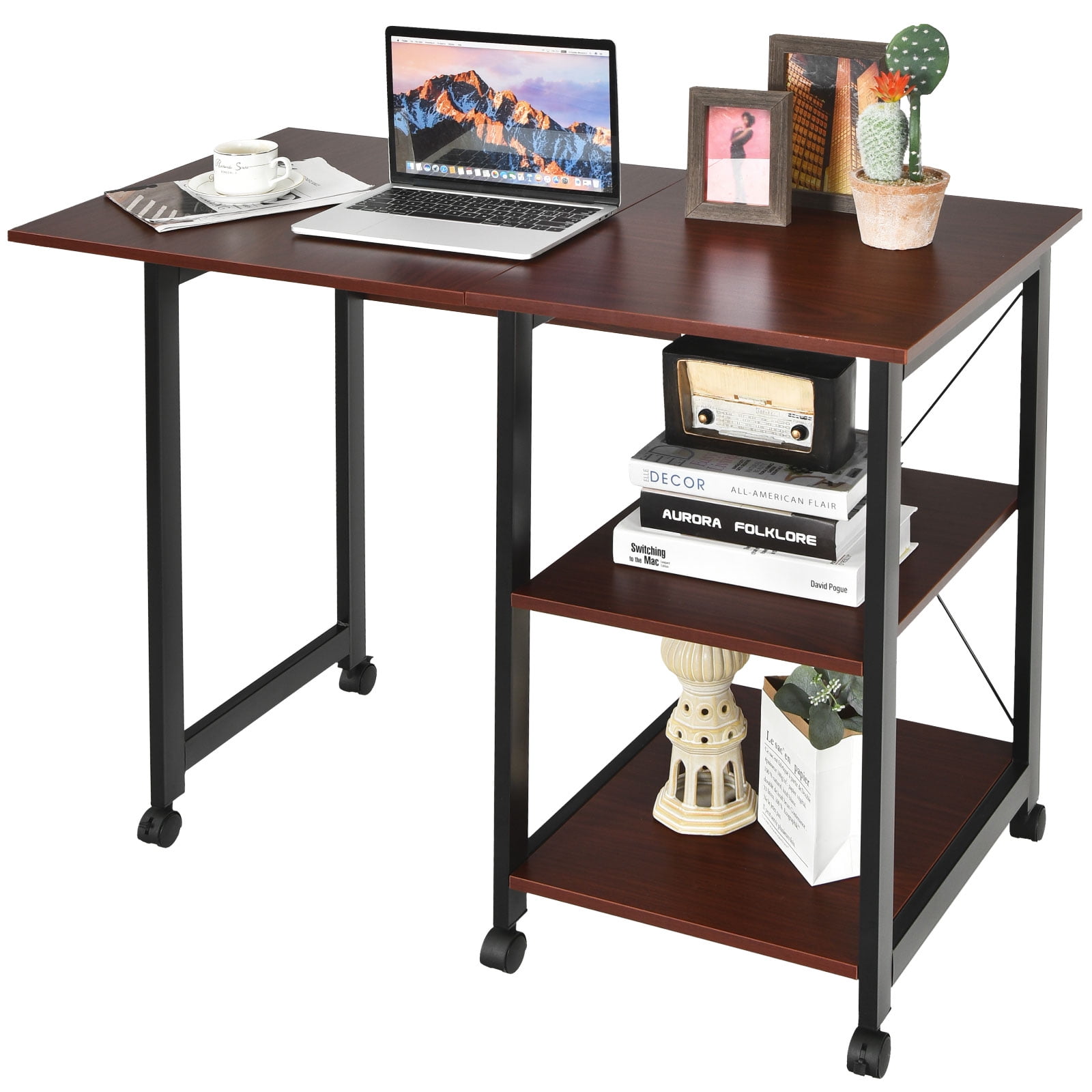 Topbuy Mobile Computer Desk Folding Writing Table w/Wheels & Storage ...
