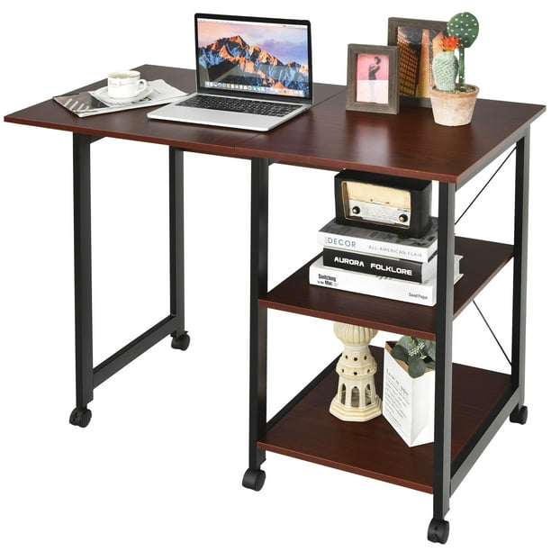 Topbuy Mobile Computer Desk Folding Writing Table w/Wheels & Storage ...