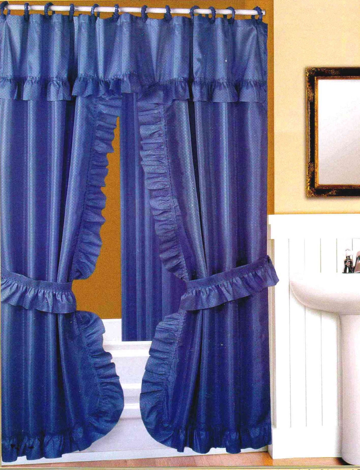 DOUBLE SWAG FABRIC SHOWER CURTAIN, VINYL LINER, SHOWER RINGS, DOBBY DOT ...