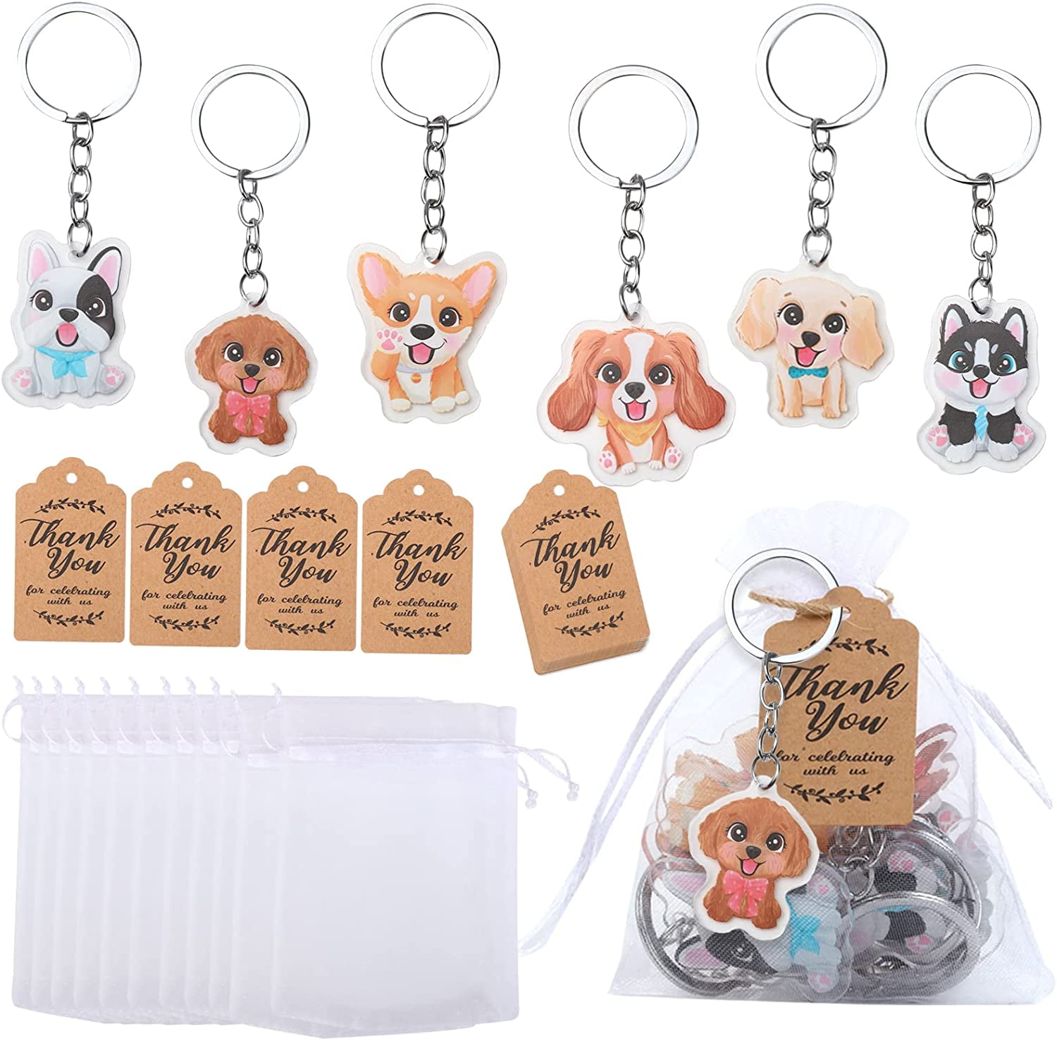 12 Pack Dog Party Favors: Organza Treat Bags with Keychains & Thank You ...