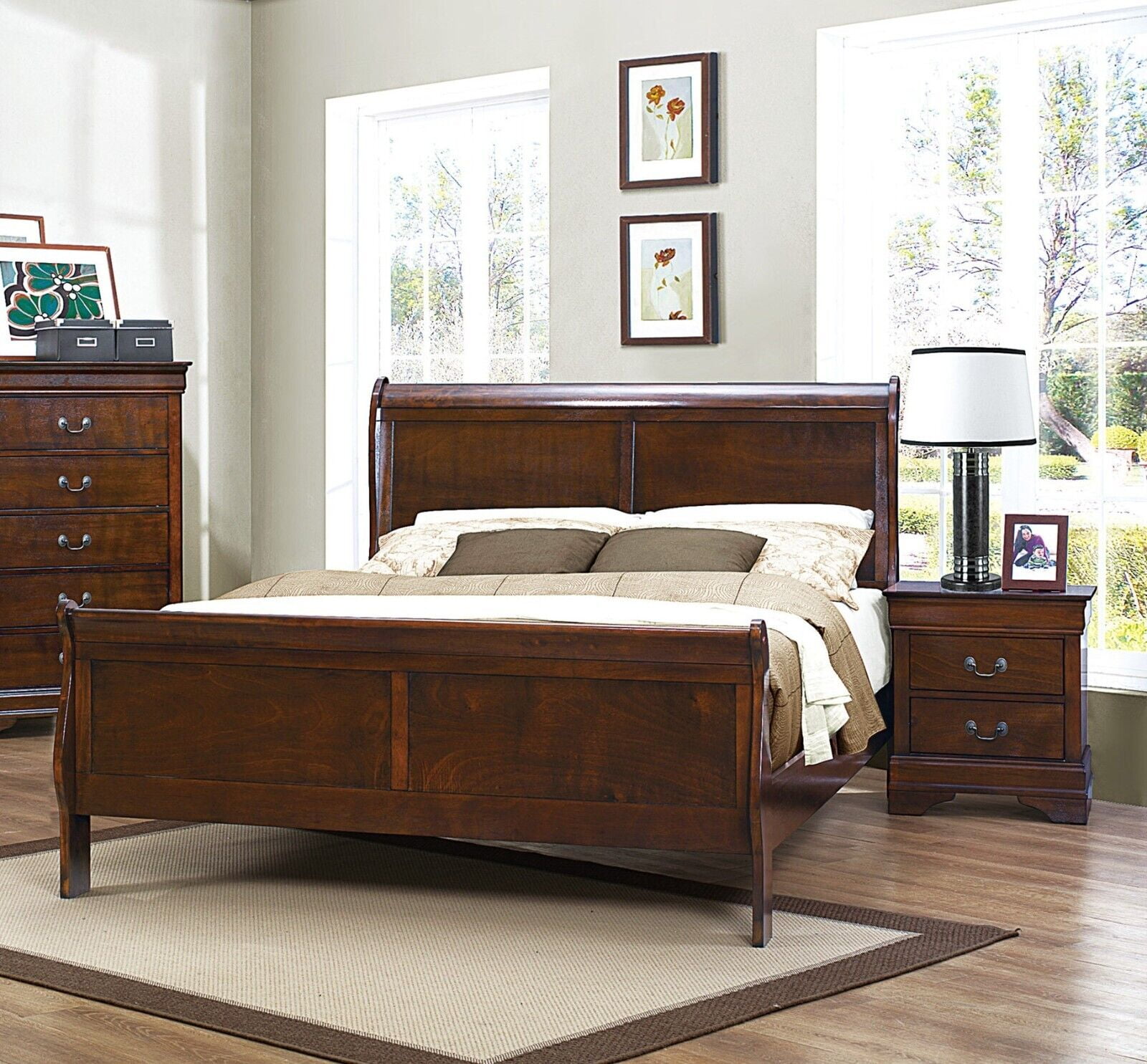 Louis Philippe Style Bedroom 3pc Set Full Size Bed 2x Nightstands Brown ...