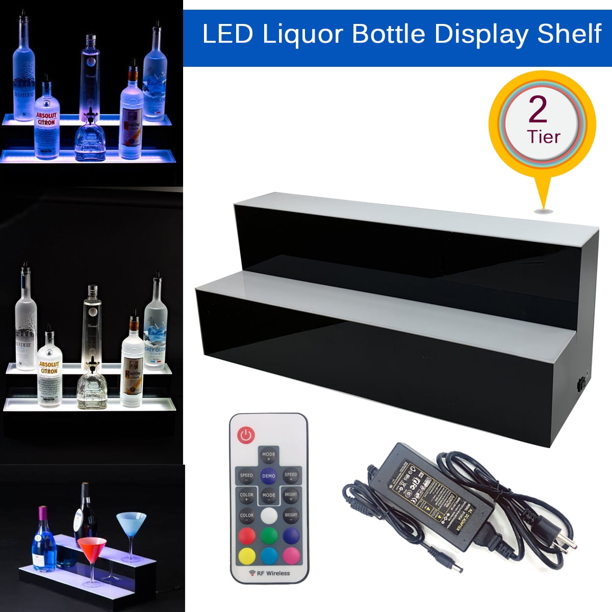 SUDEG 24-inch LED Lighted Liquor Display Shelf 2-Tier Remote Control ...