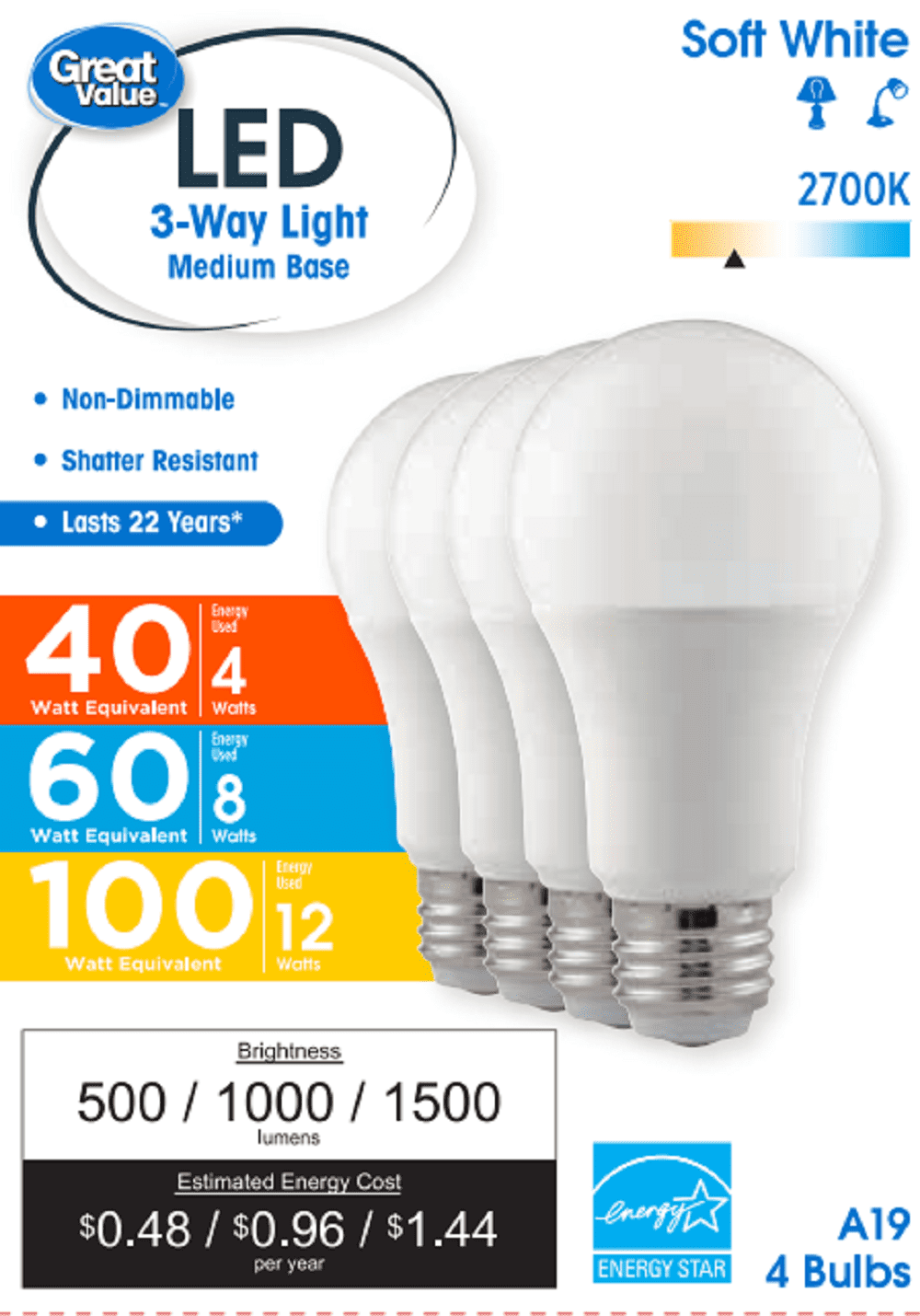 Great Value LED Frosted Light Bulb A19 3Way 12Watts Soft White Bulb ...