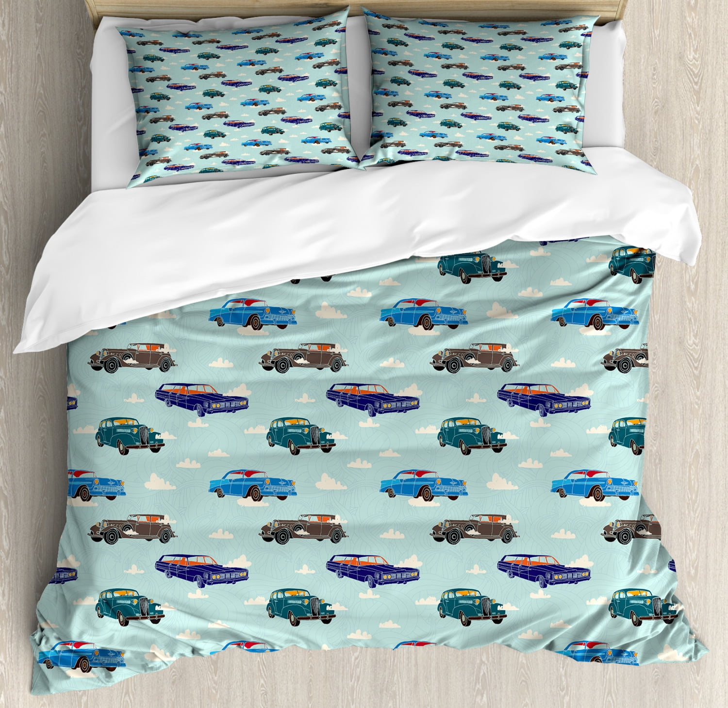 Cars Duvet Cover Set Queen Size, Absurd Design with Vintage Cars in the ...