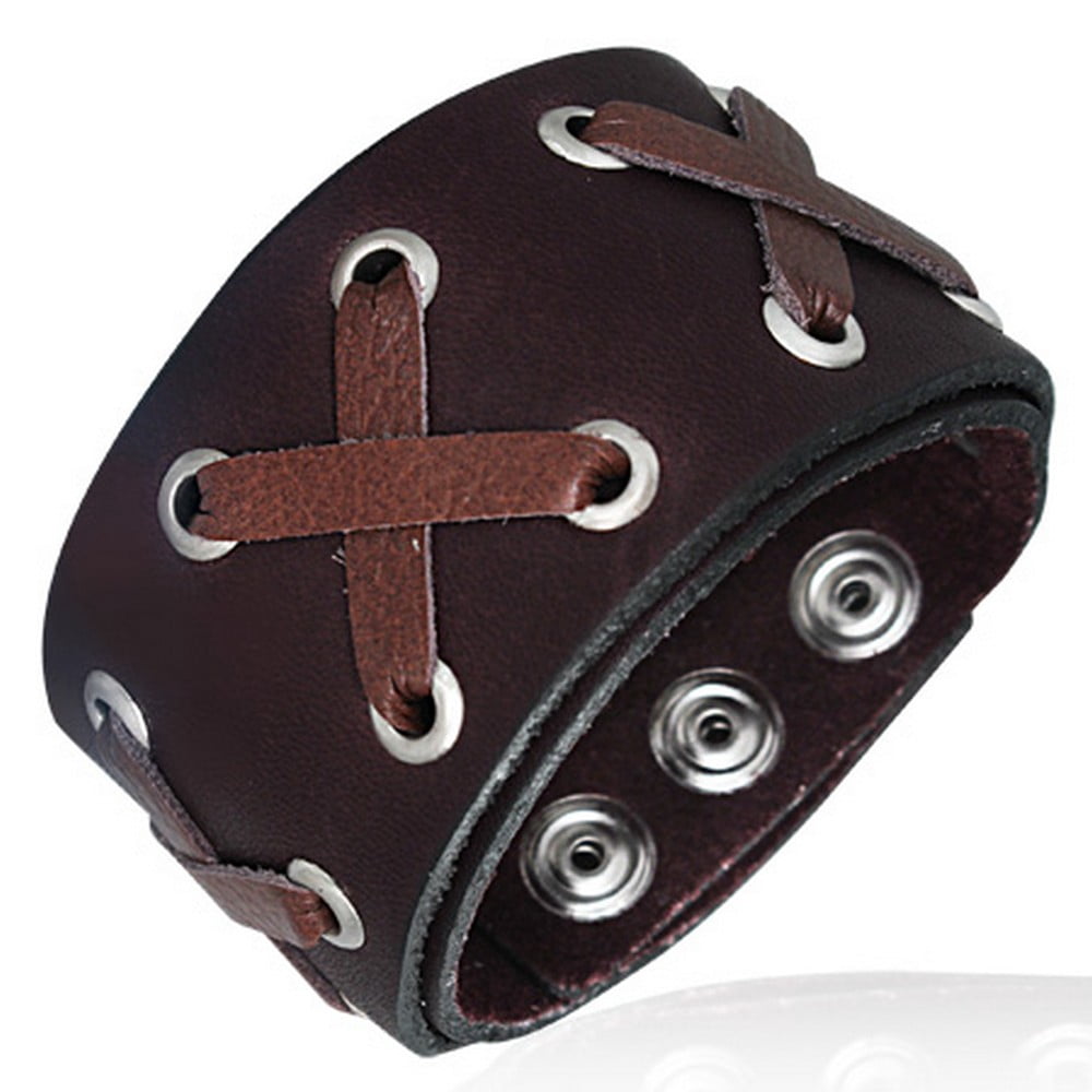Two-Tone Brown Leather Alloy Snap Wristband Unisex Bracelet - Walmart.com