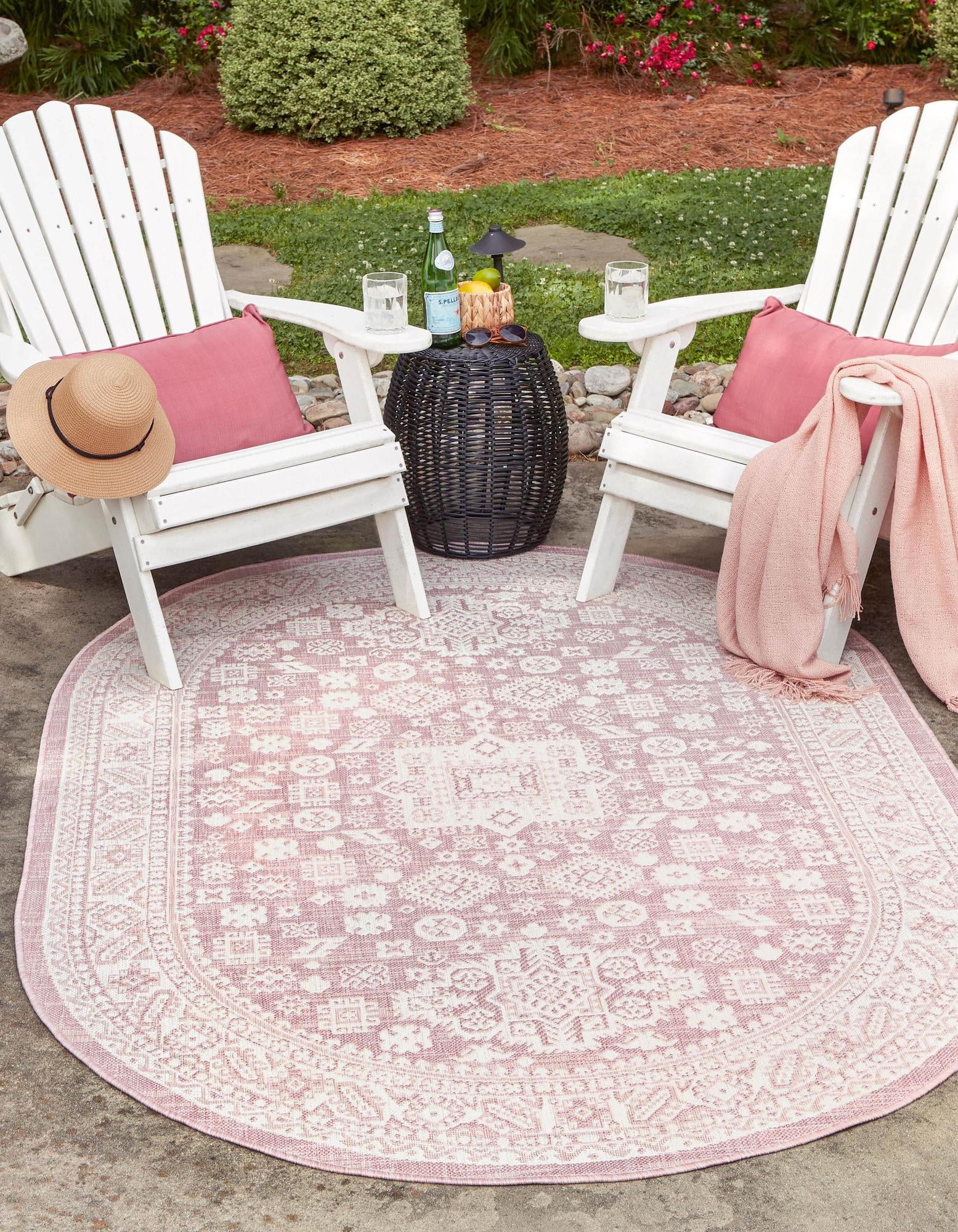 Unique Loom Chalca Indoor/Outdoor Aztec Rug Pink/Ivory 5' 3" x 8' Oval ...