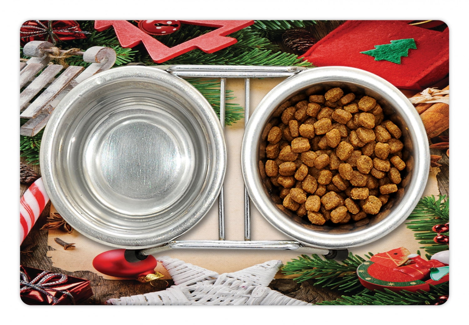Christmas Pet Mat for Food and Water, Assortment of Ornaments Cinnamon ...