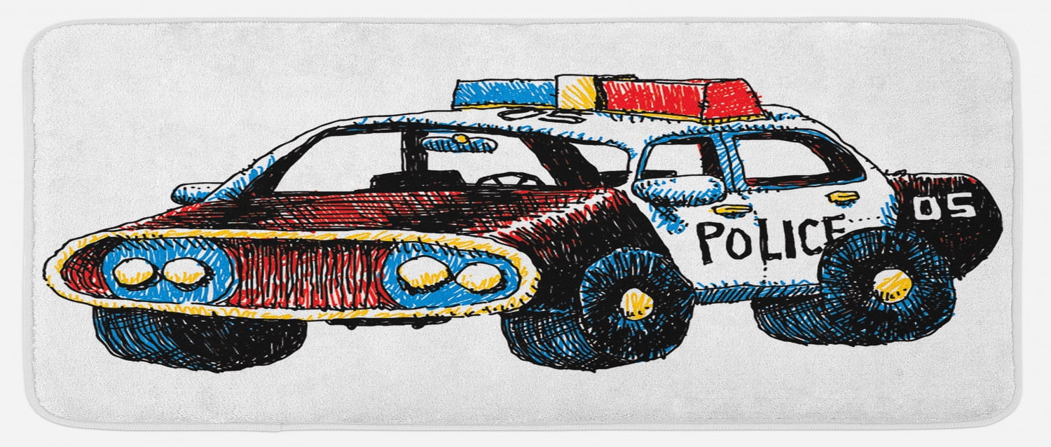 Police Kitchen Mat, Cartoon Hand Drawn Police Car Unusual Design with ...