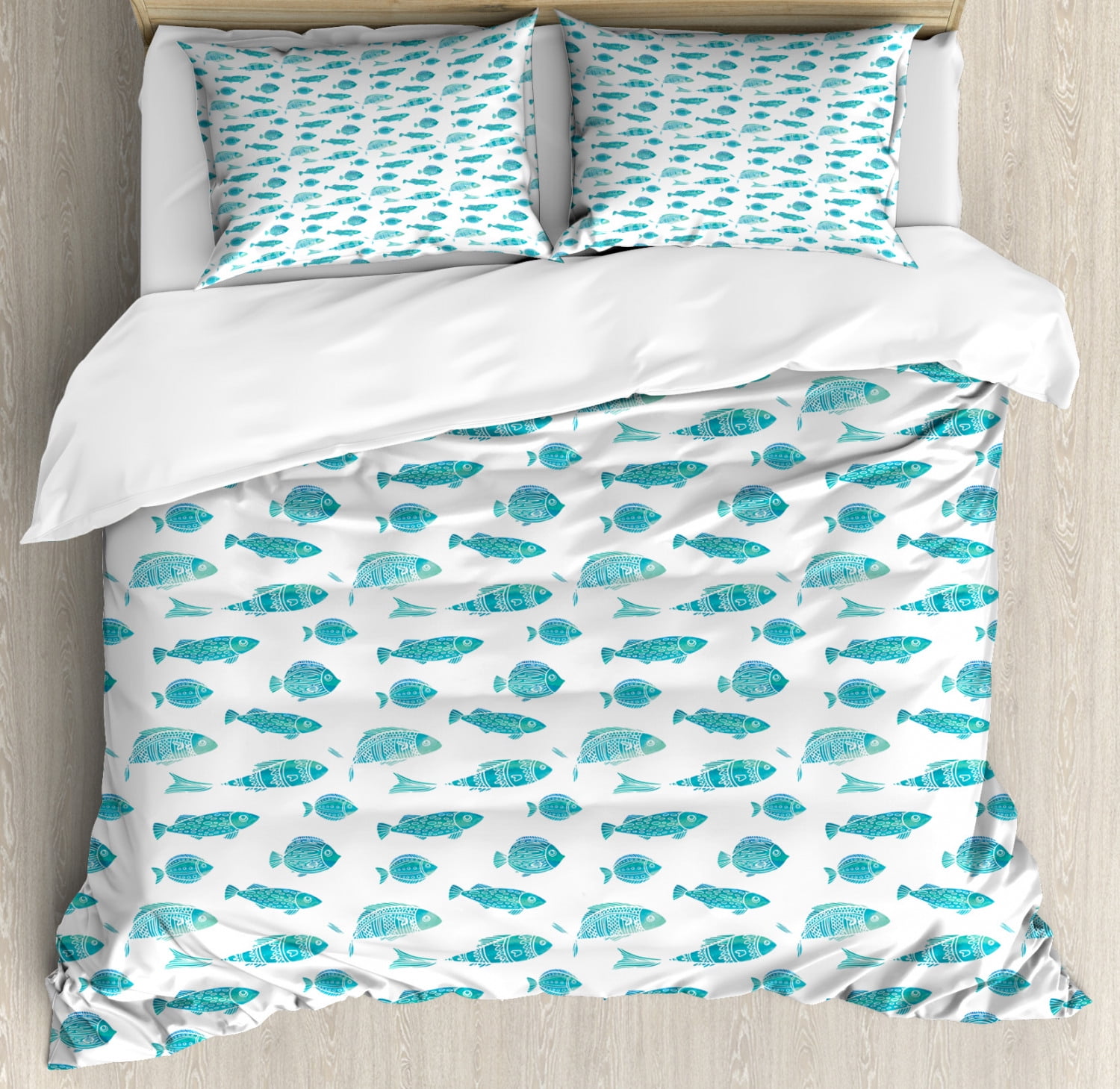 Fish Queen Size Duvet Cover Set, Doodle Artwork of Ocean Animal ...