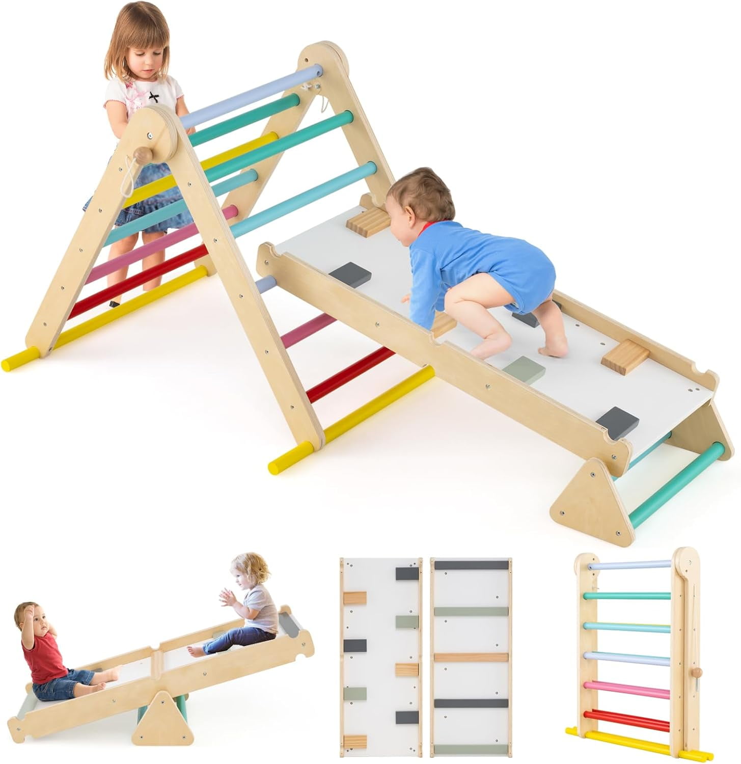 OLAKIDS Pikler Triangle Set 7 in 1 Climbing Toys for Toddlers Foldable ...