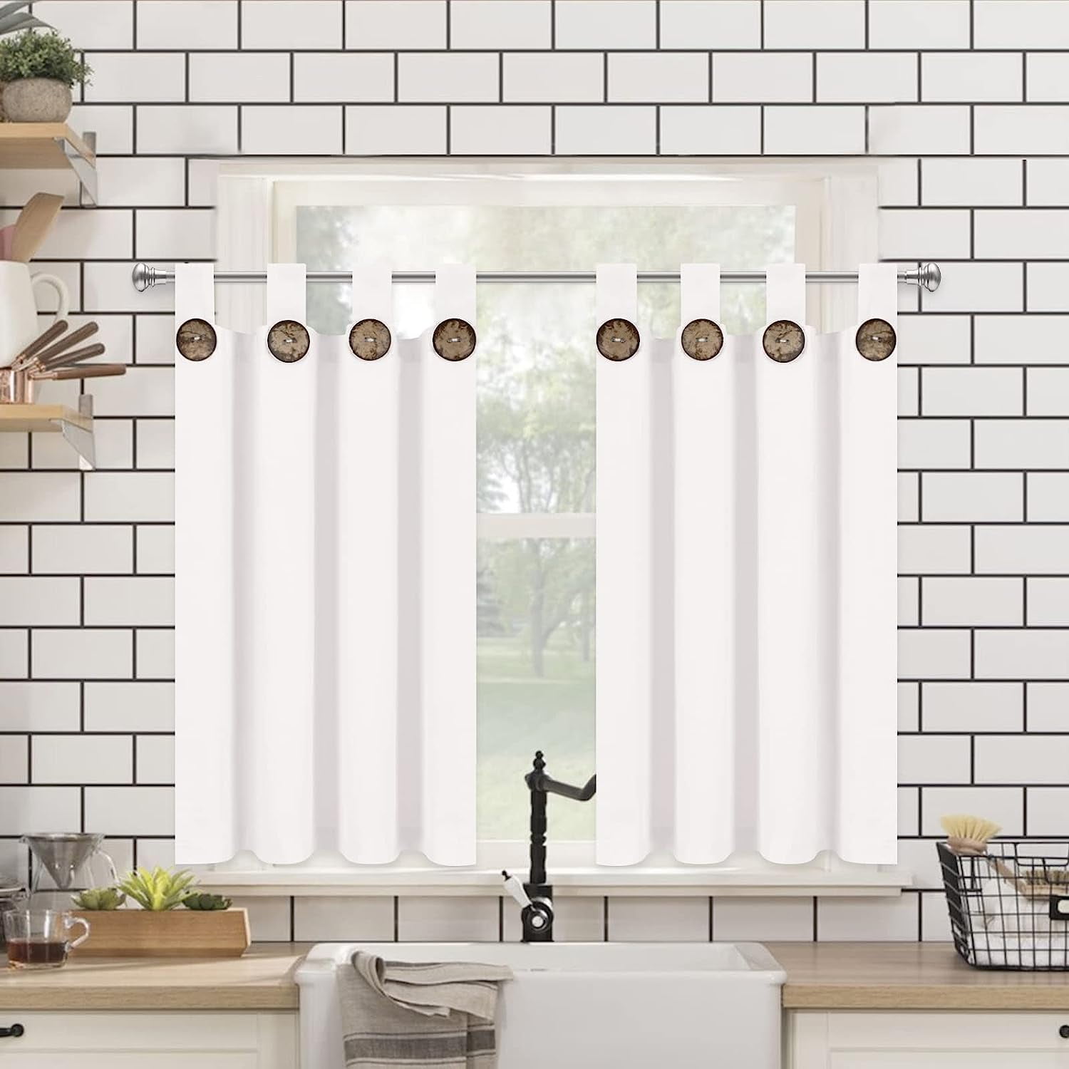 Alishomtll White Kitchen Curtains Tier 36 Inch Farmhouse Button Cafe ...
