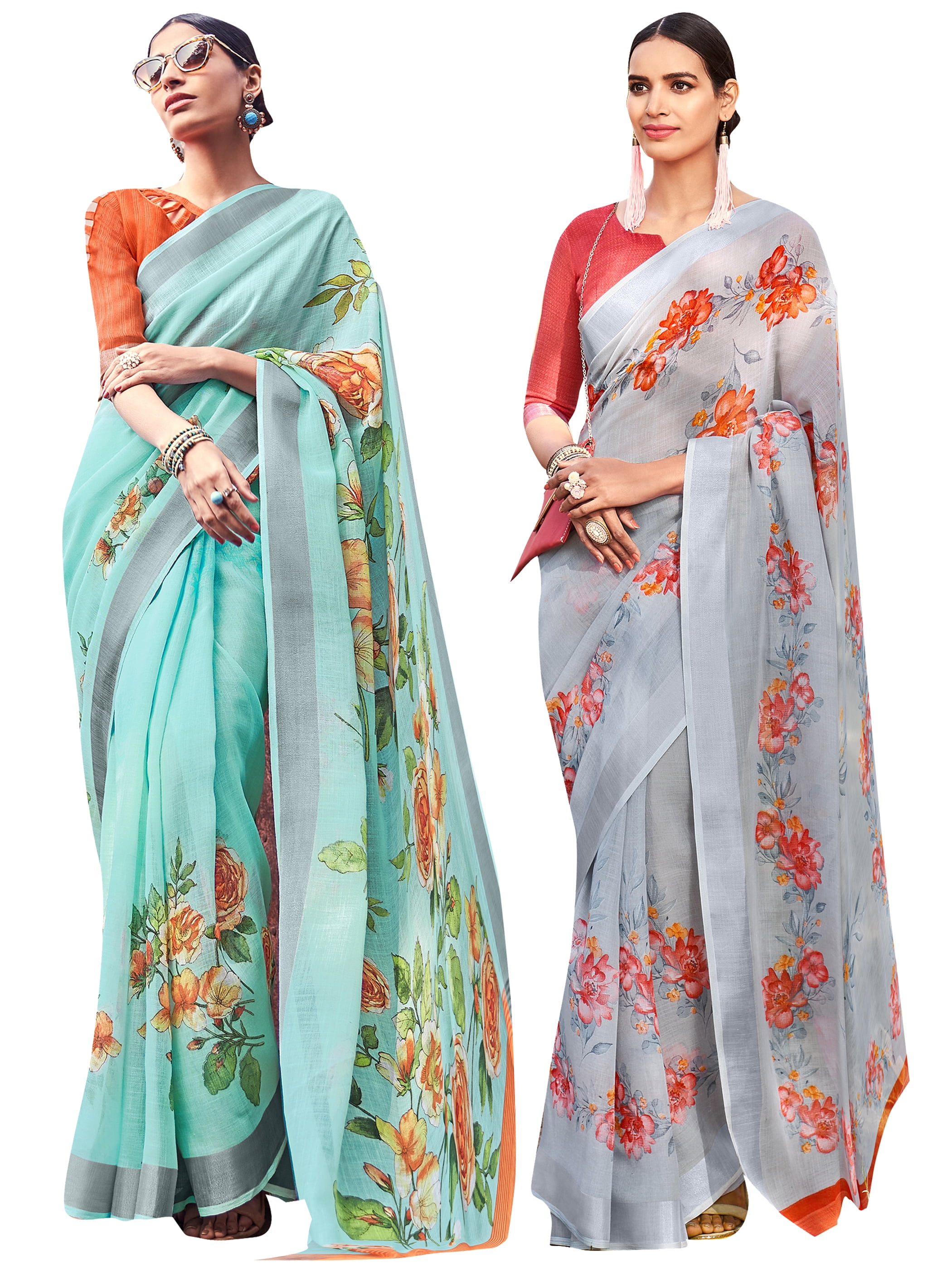 Pack of Two Saree for Women Printed Cotton Silk Indian Wedding Sari ...