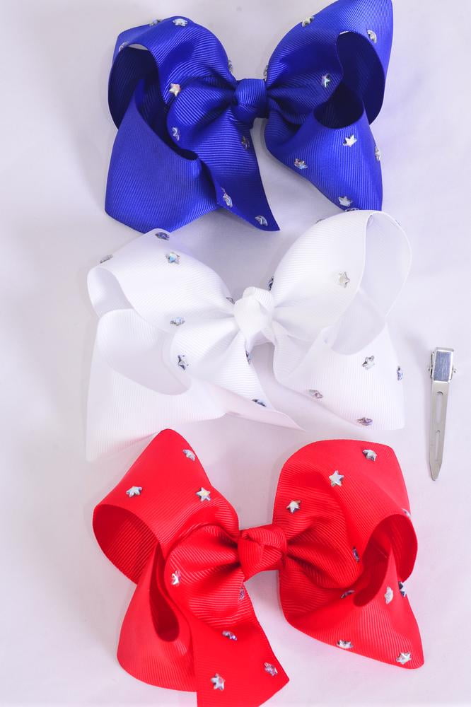 Hair Bow Jumbo Patriotic Studded Iridescent Stars Grosgrain Bowtie/DZ ...