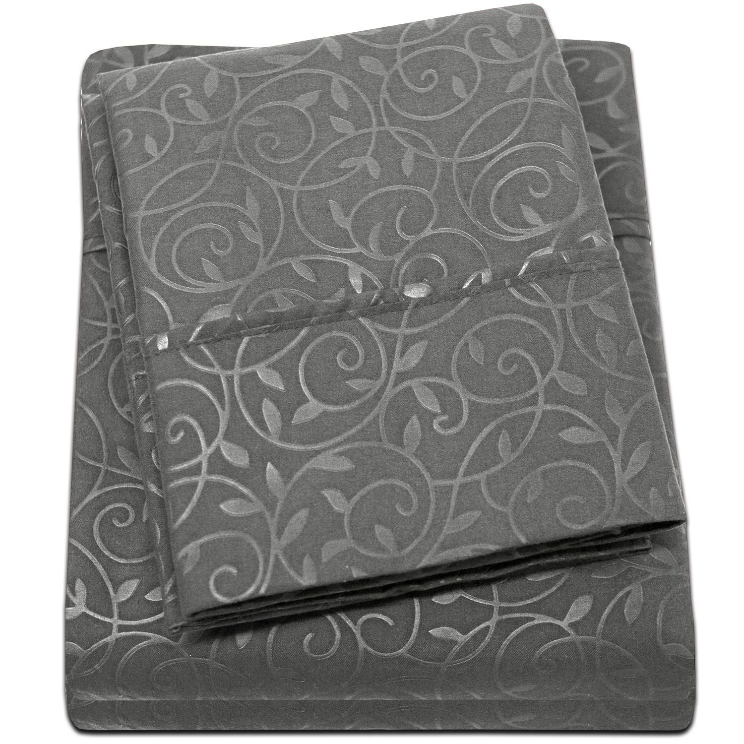 Vine Print 90GSM Brushed Microfiber Soft Wrinkle Free Sheet Set Gray ...