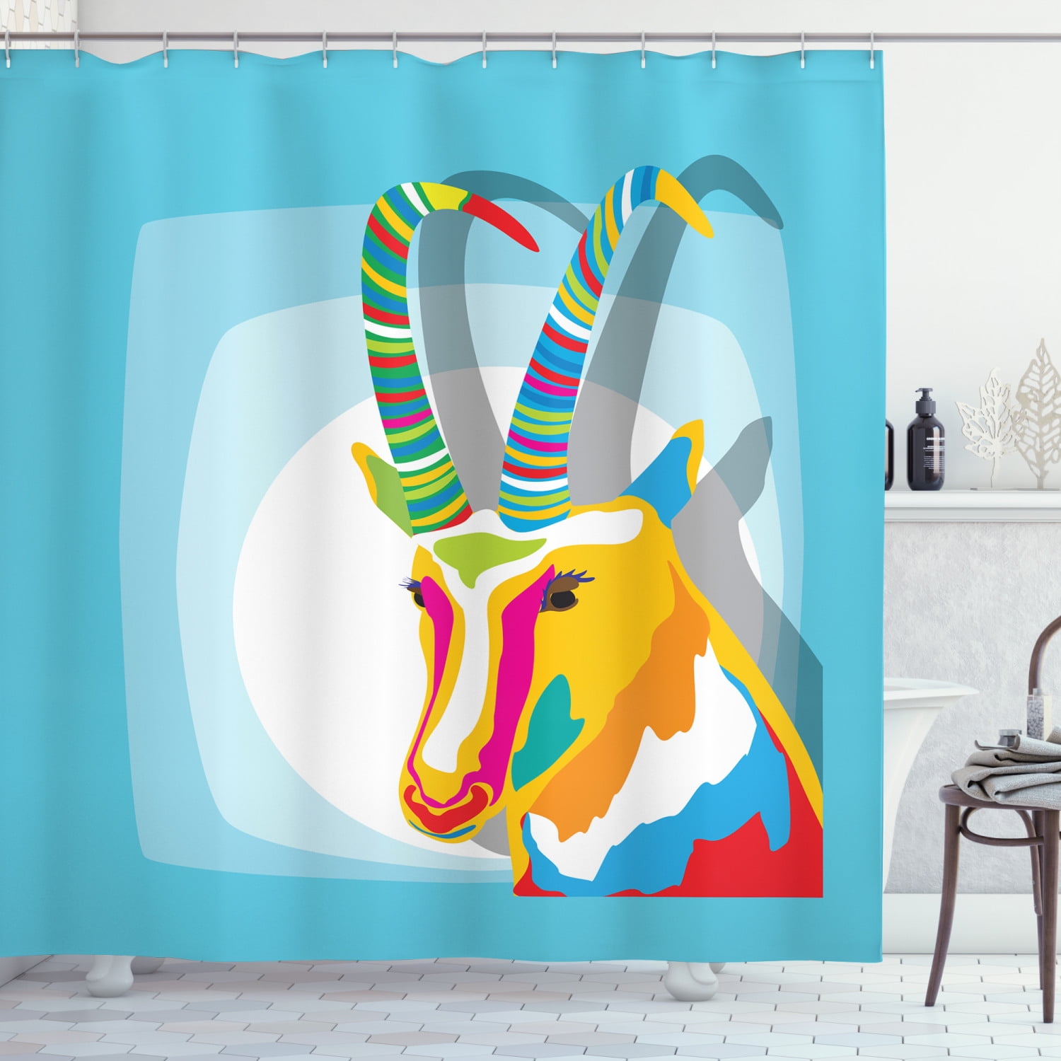 Goat Shower Curtain, Pop Art Style Colorful Goat Portrait Design Wild ...