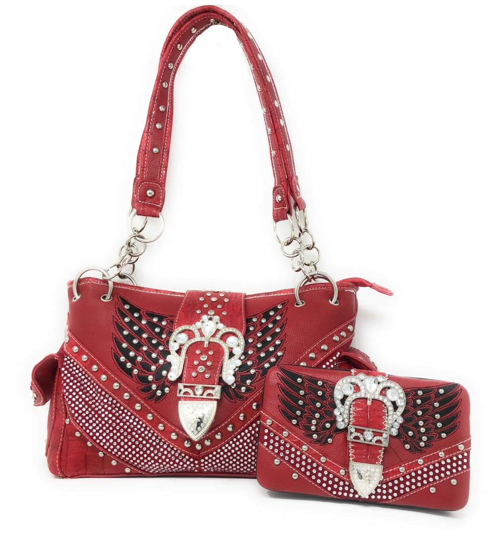 Premium Western Rhinestone Studded Angel Wings Buckle Shoulder Handbag ...