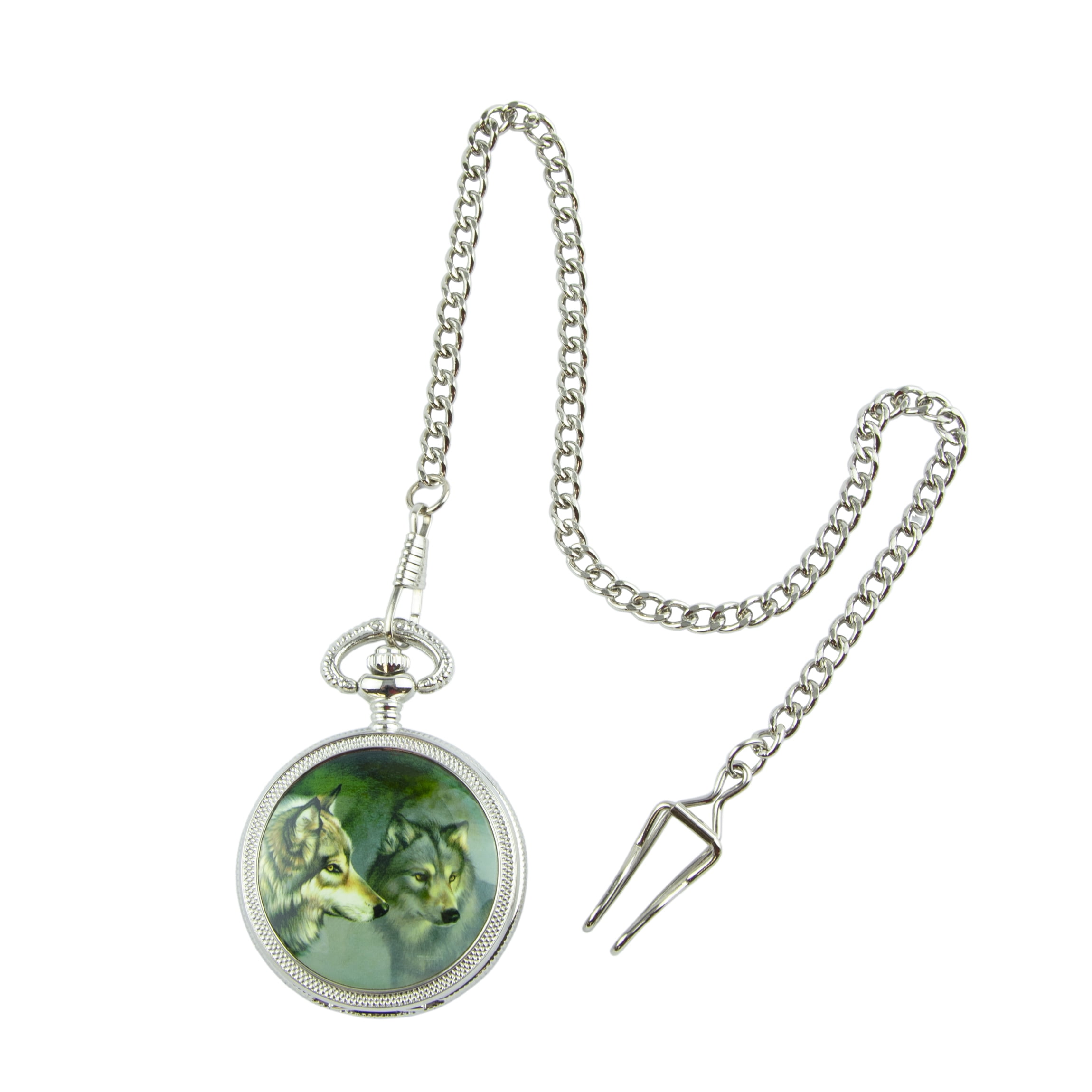 Men's Wolf Embossed Pocket Watch with 13-inch Chain in Polished Silver ...