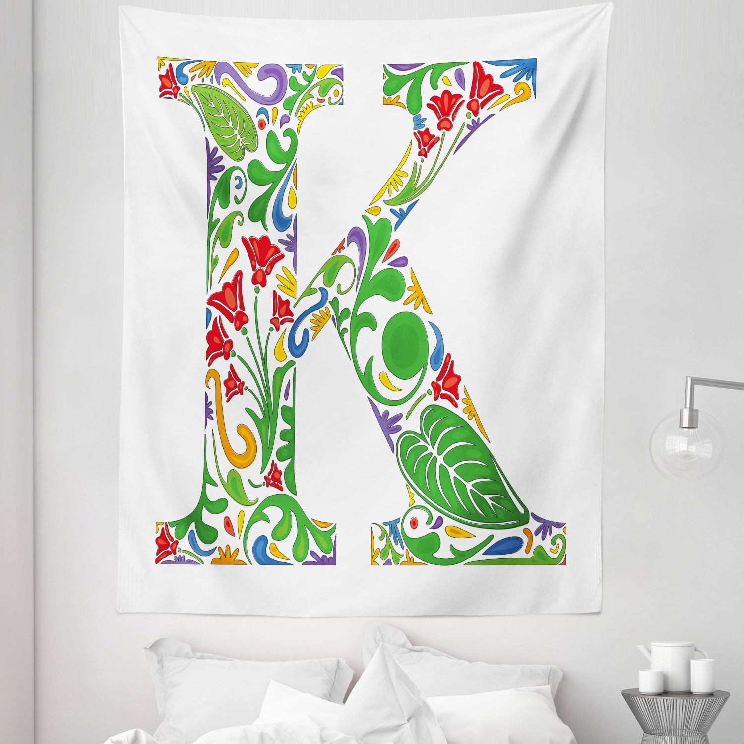 Letter K Tapestry, Vivid Color Scheme Natural Inspirations Flowers ...