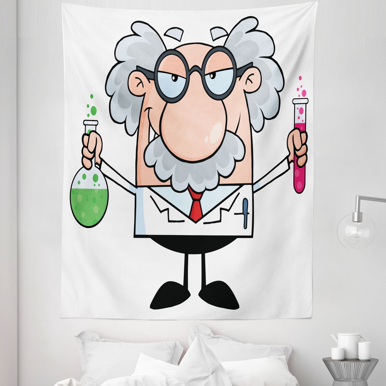 Cartoon Tapestry, Science Themed Composition with Old Scientist with ...