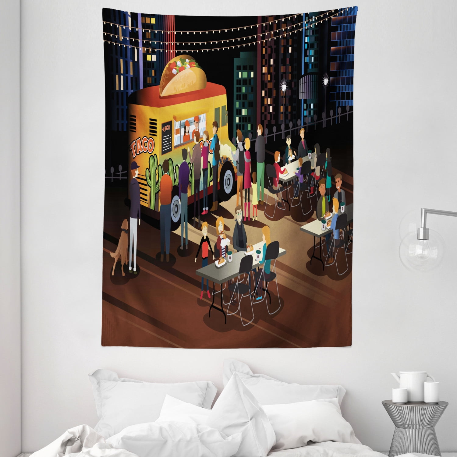 Mexican Tapestry, Taco Truck Party with Hungry People Eating at Night ...