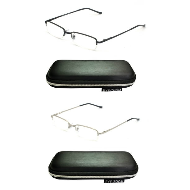 EYE ZOOM 2 Pack Reading Glasses Metal Rectangular Half Rimless Readers ...