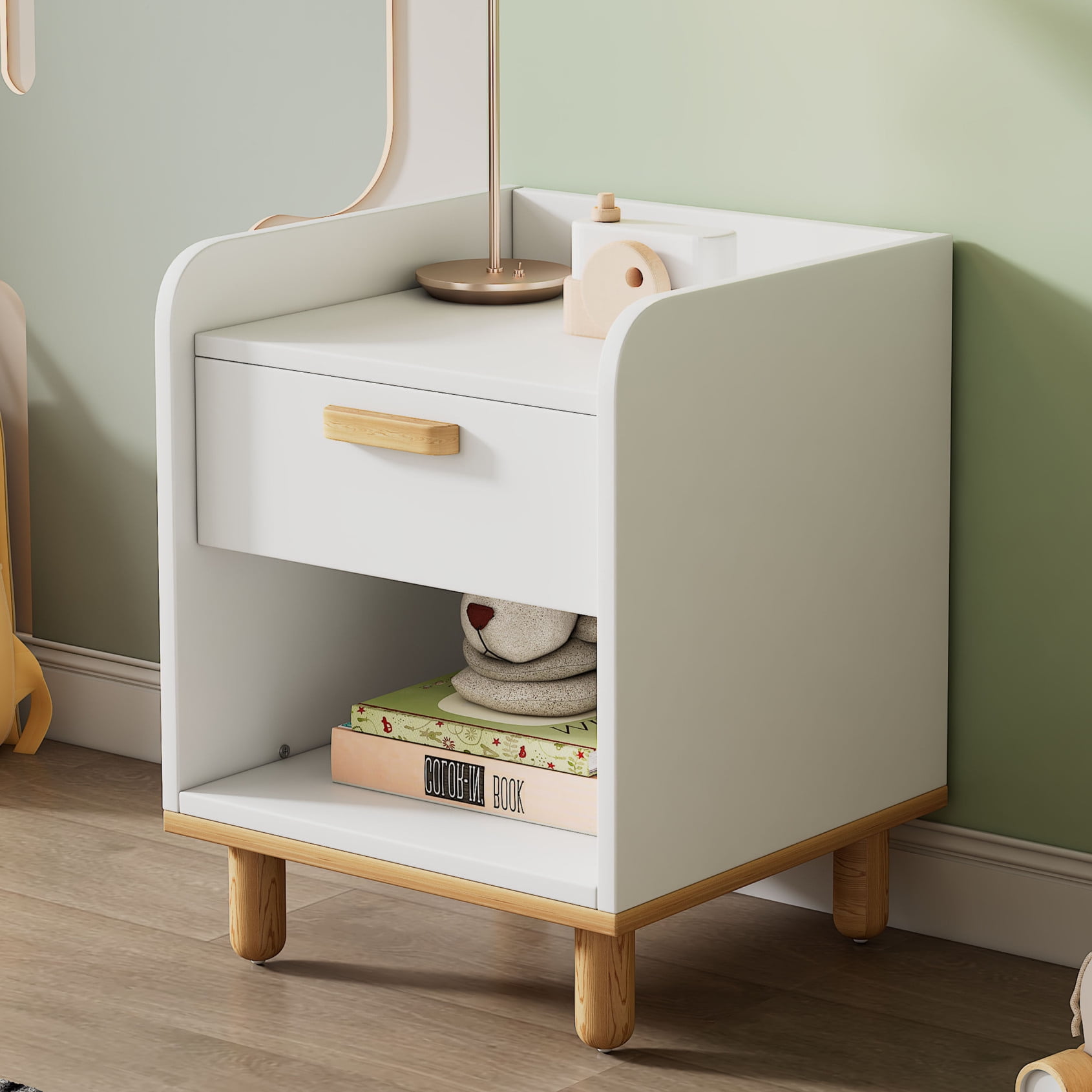 Modern White Nightstand with Wooden Legs, Kids Room Night Stand a ...