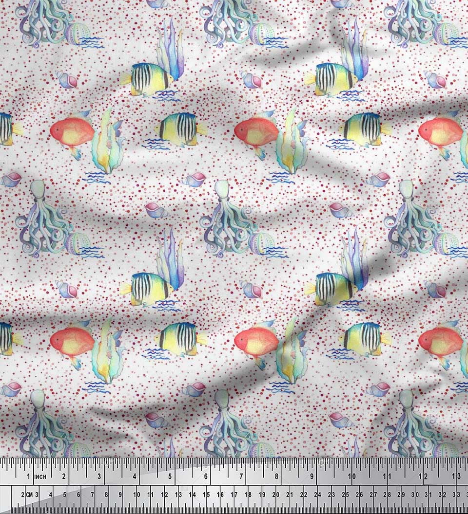 Soimoi Cotton Voile Fabric Fish & Octopus Ocean Print Fabric by The ...