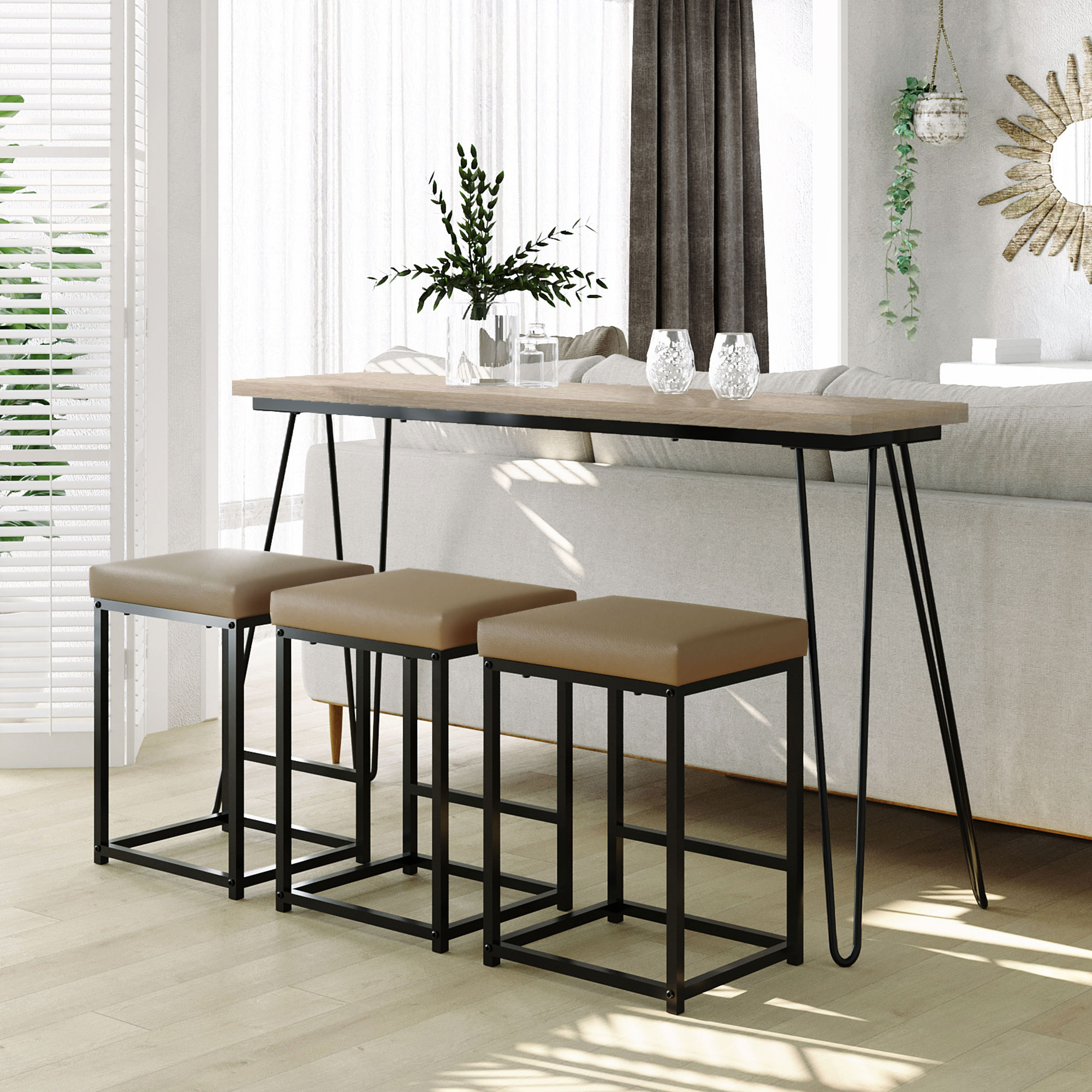 Bar Table And Chairs Set Extra Long Dining Table Set With 3 PU Stools