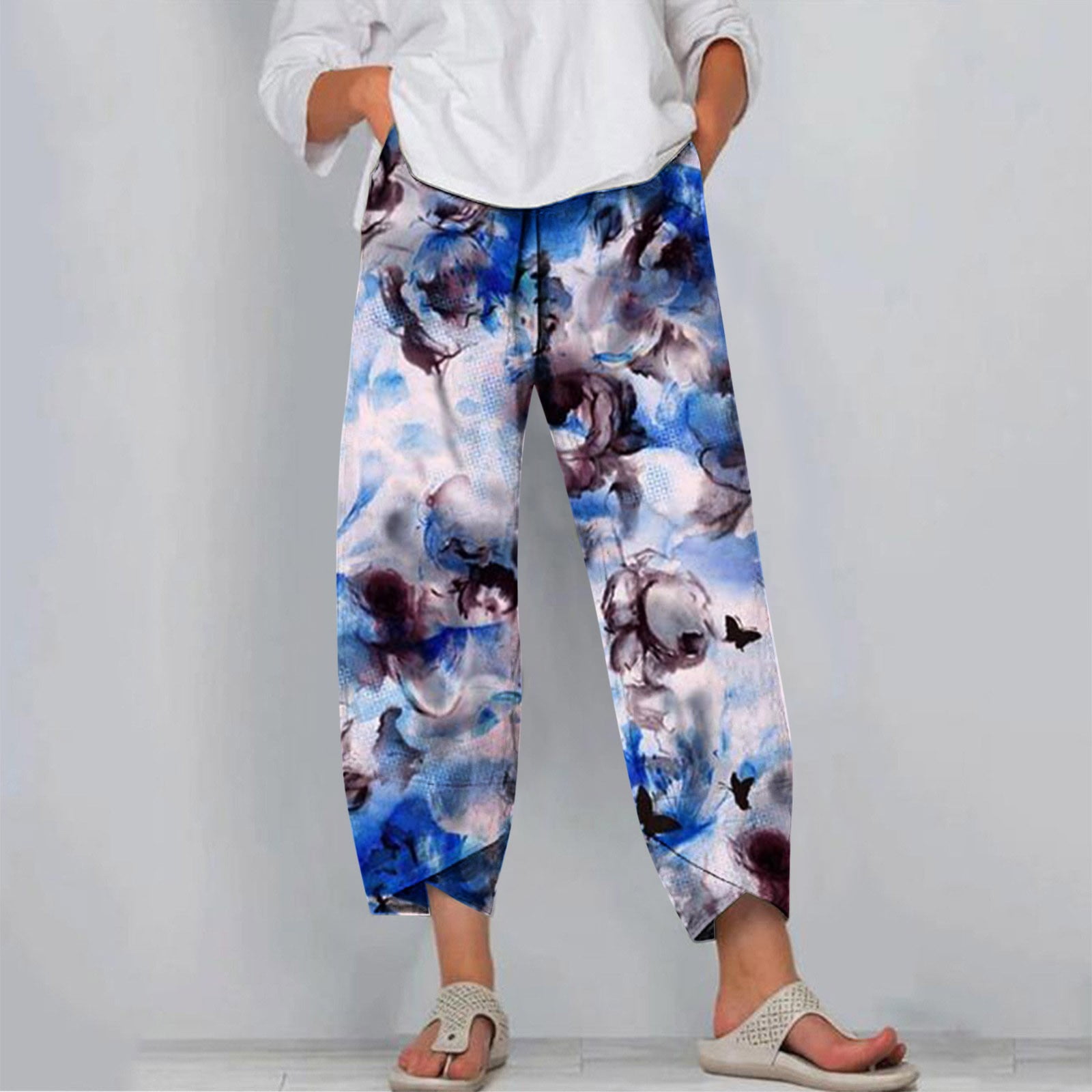 Lilgiuy Womens Elastic Waist Buttons Printing Thin Stretch Skinny Pants ...