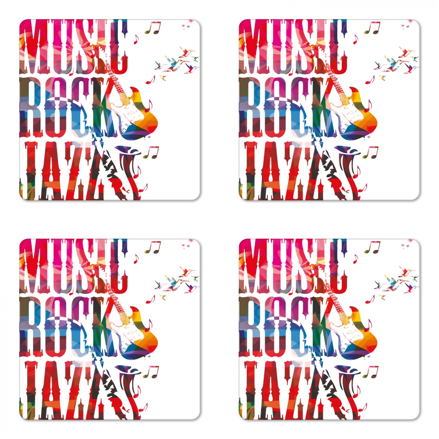 Musical Coaster Set of 4, Music Rock Jazz Lettering with Bass Guitar ...