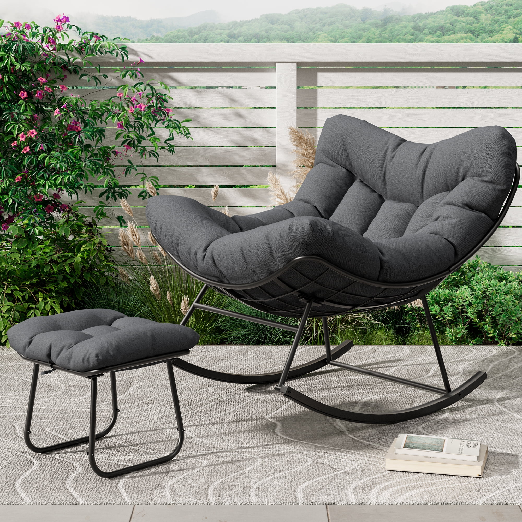 Oversized Papasan Rocking Chair with Footrest, 350Lbs Capacity Indoor ...