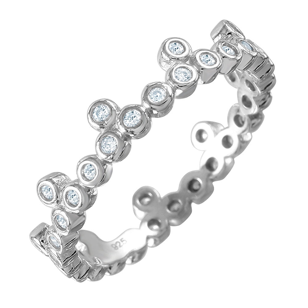 Clear Bezel Set Cubic Zirconia Crown Design Stackable Ring Rhodium ...