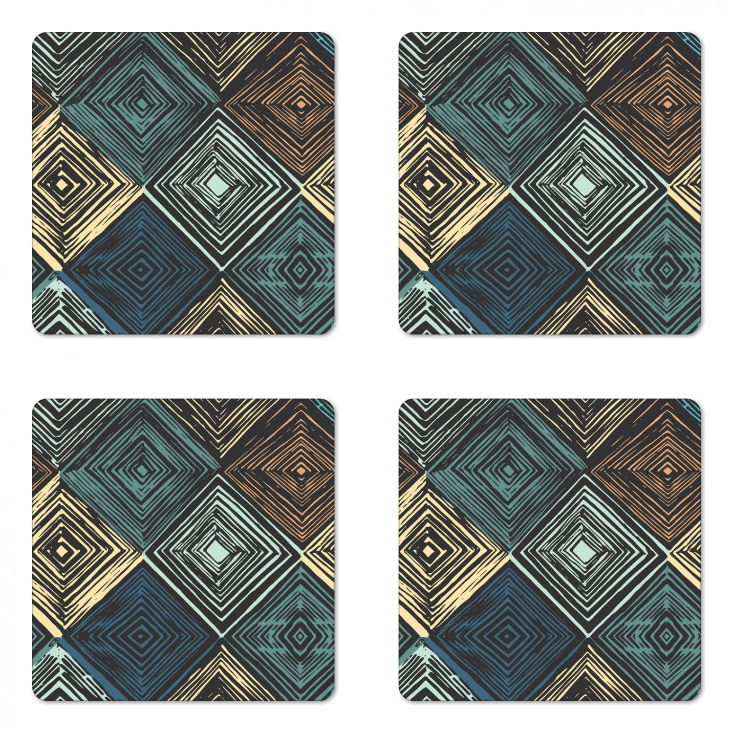 Geometric Coaster Set of 4, Hand Drawn Rhombus Motifs in Retro Colors ...