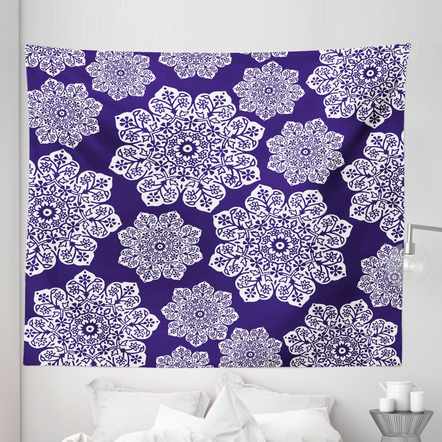 Blue White Tapestry, Floral Lace Graphic Print Snowflake Themed Pattern ...