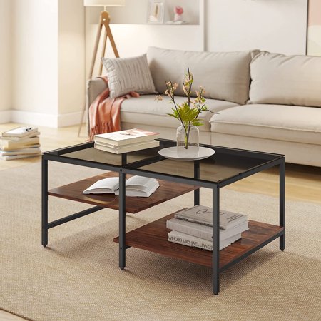 Glass Coffee Table, Multi-Level Platform with Two Heights Open Storage ...