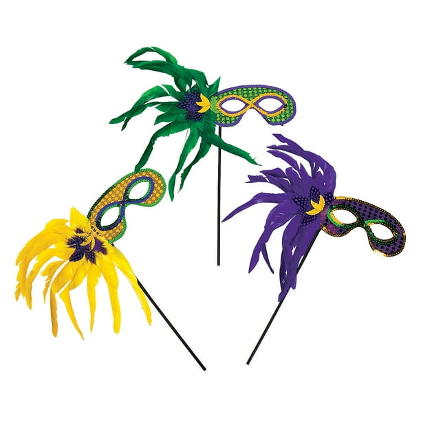 Mardi Gras Feather Masks W Sticks Party Wear 12 Pieces Walmart