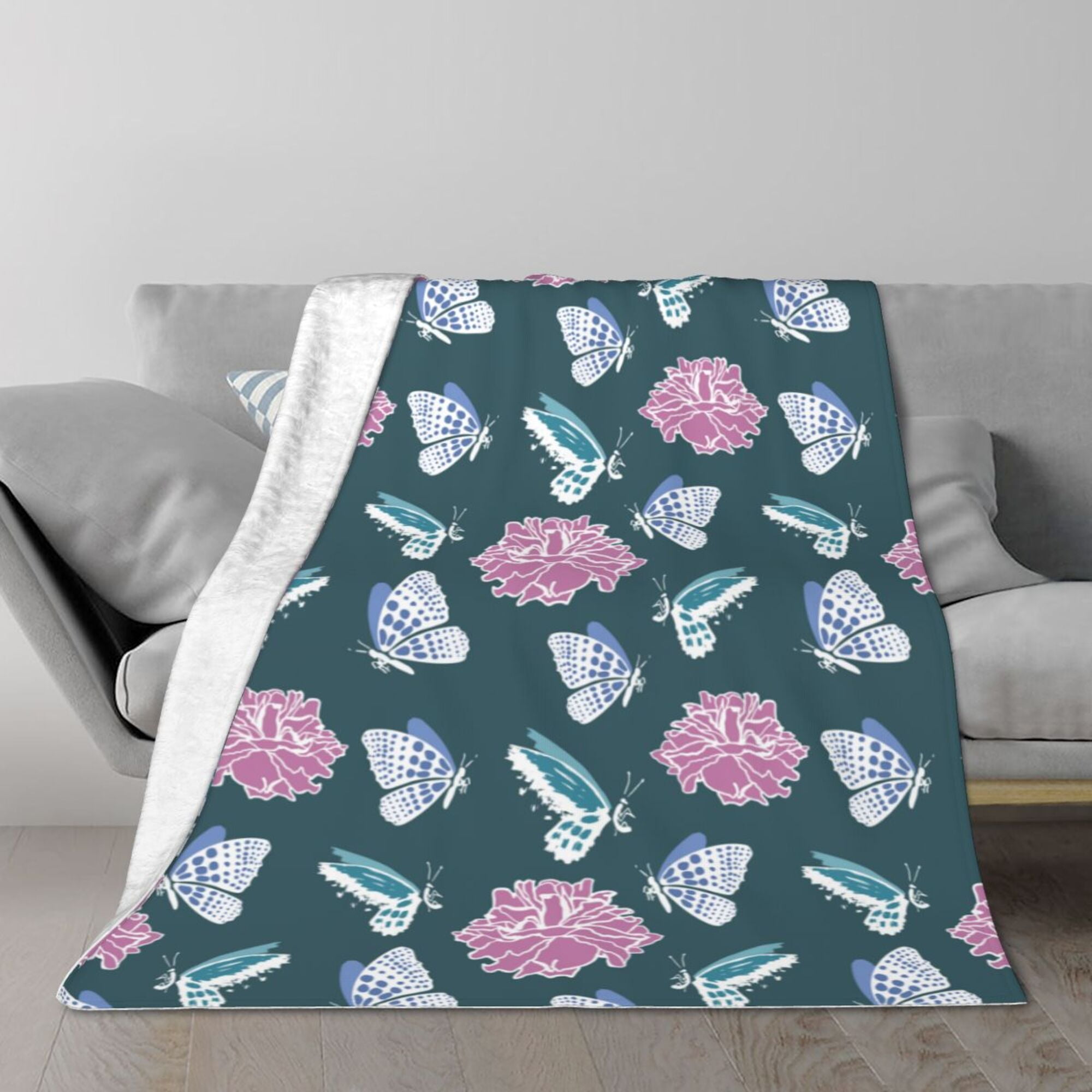 TEQUAN Double Layer Plush Bed Blanket, Blue Butterfly Flowers Pattern ...