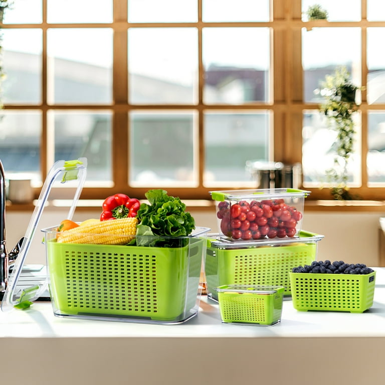 LUXEAR 4 Pack Vegetable Storage Containers for Fridge Fruit Container with Lids Removable Colander Large Fridge Organizer BPA free for Fruit