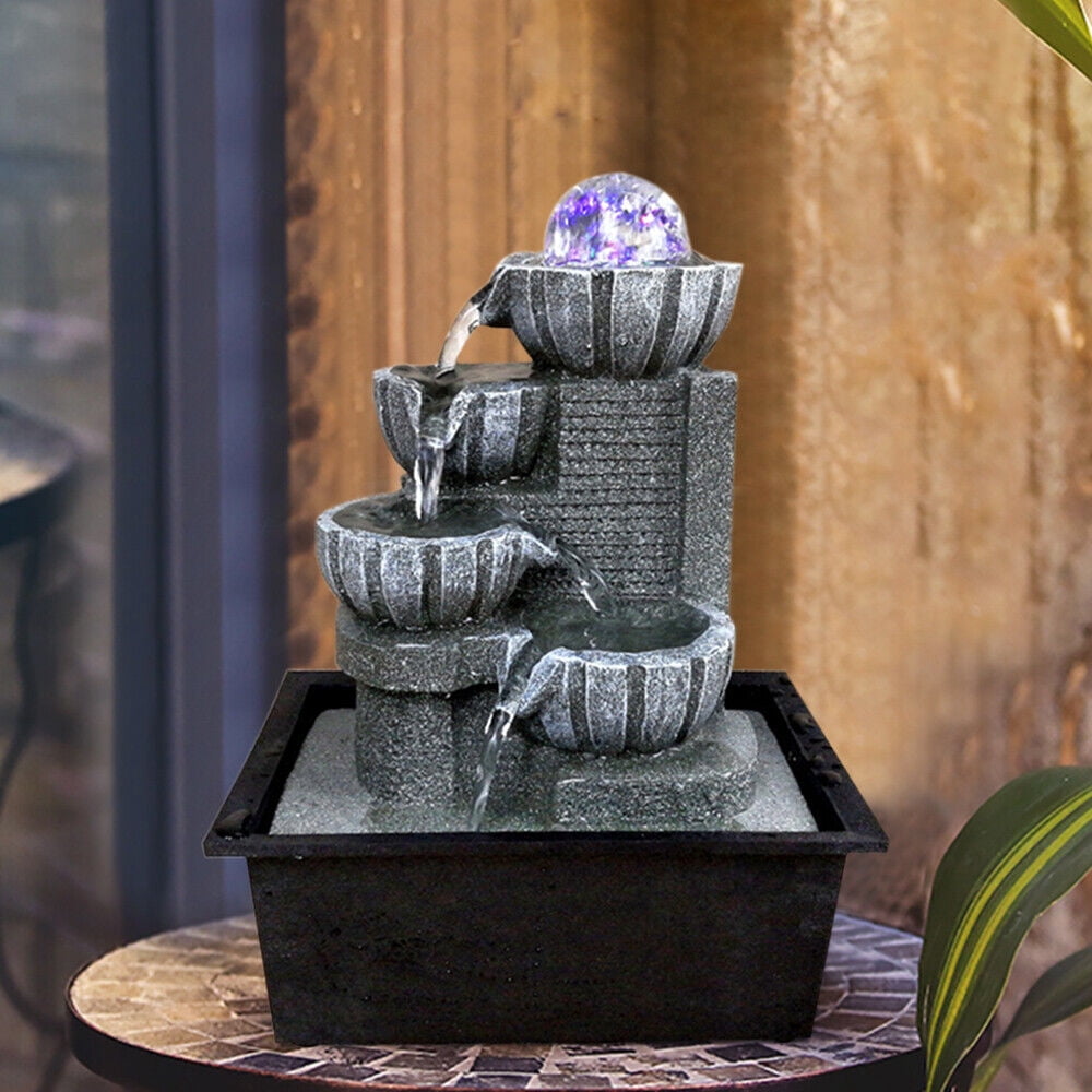 110V Tabletop Waterfall Fountain Ornament Fengshui Decor W/ LED Crystal ...