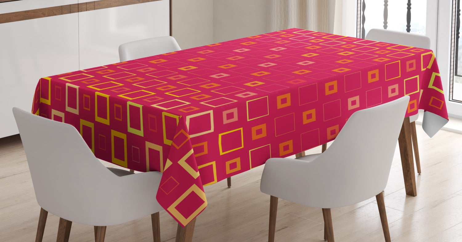 Geometric Tablecloth, Thin and Bold Squares on Pink Backdrop Abstract ...