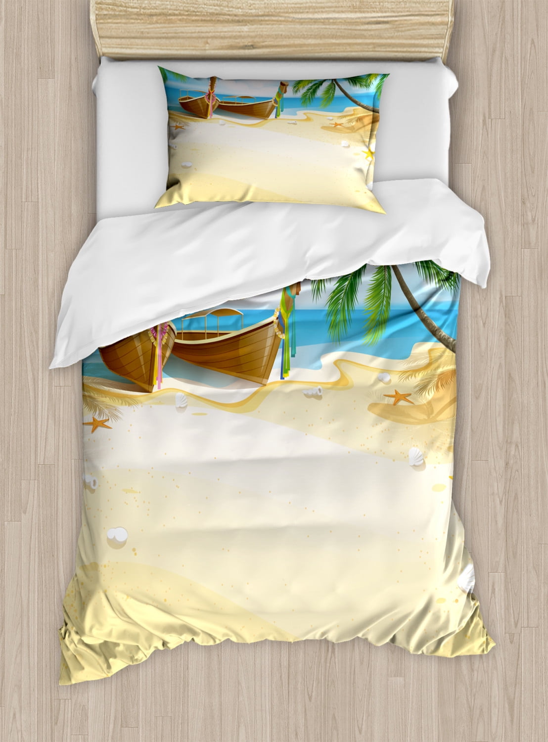 Beach Twin Size Duvet Cover Set, Paradise Island Coconut Tree and Boats ...