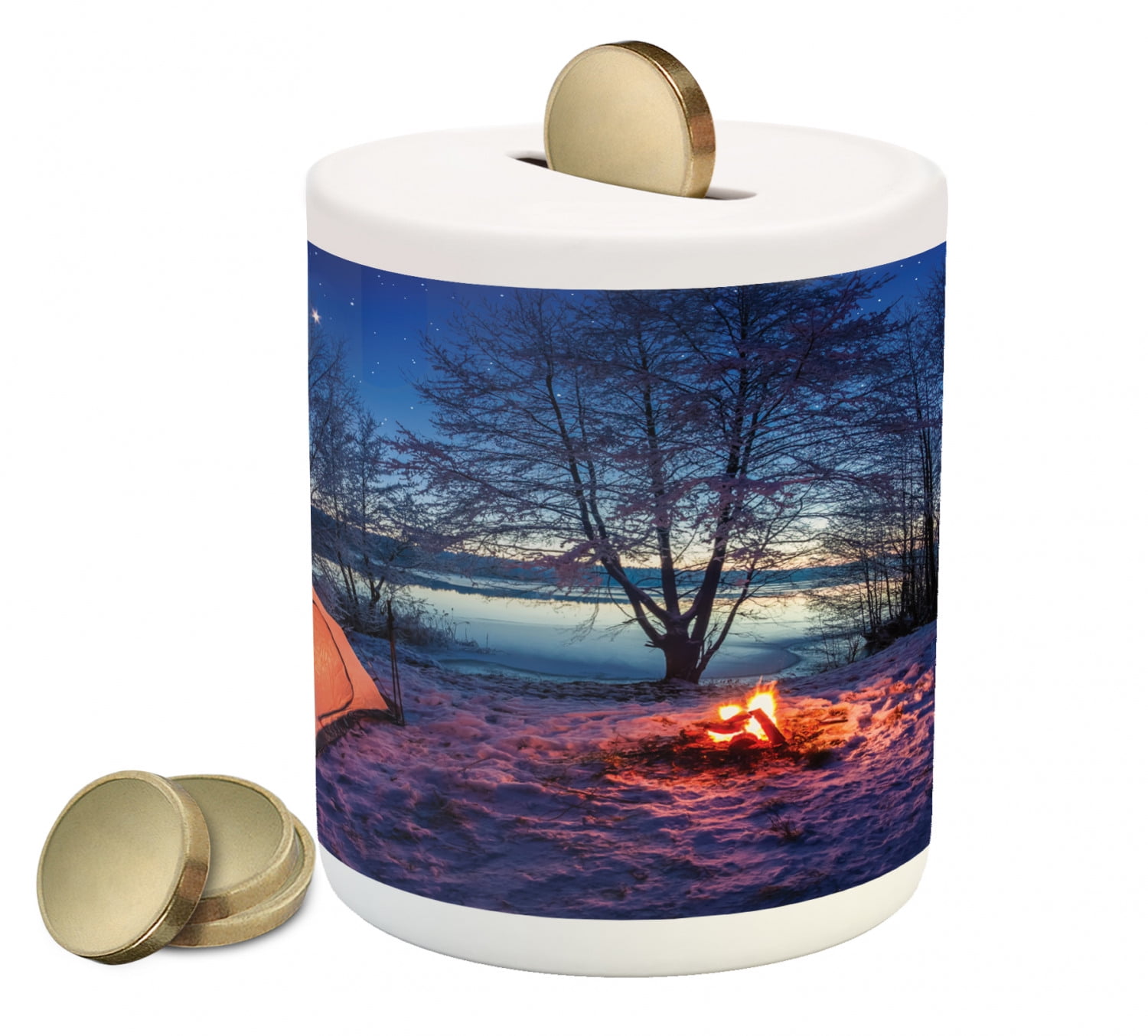Forest Piggy Bank, Dark Night Camping Tent Photo in the Winter on the ...