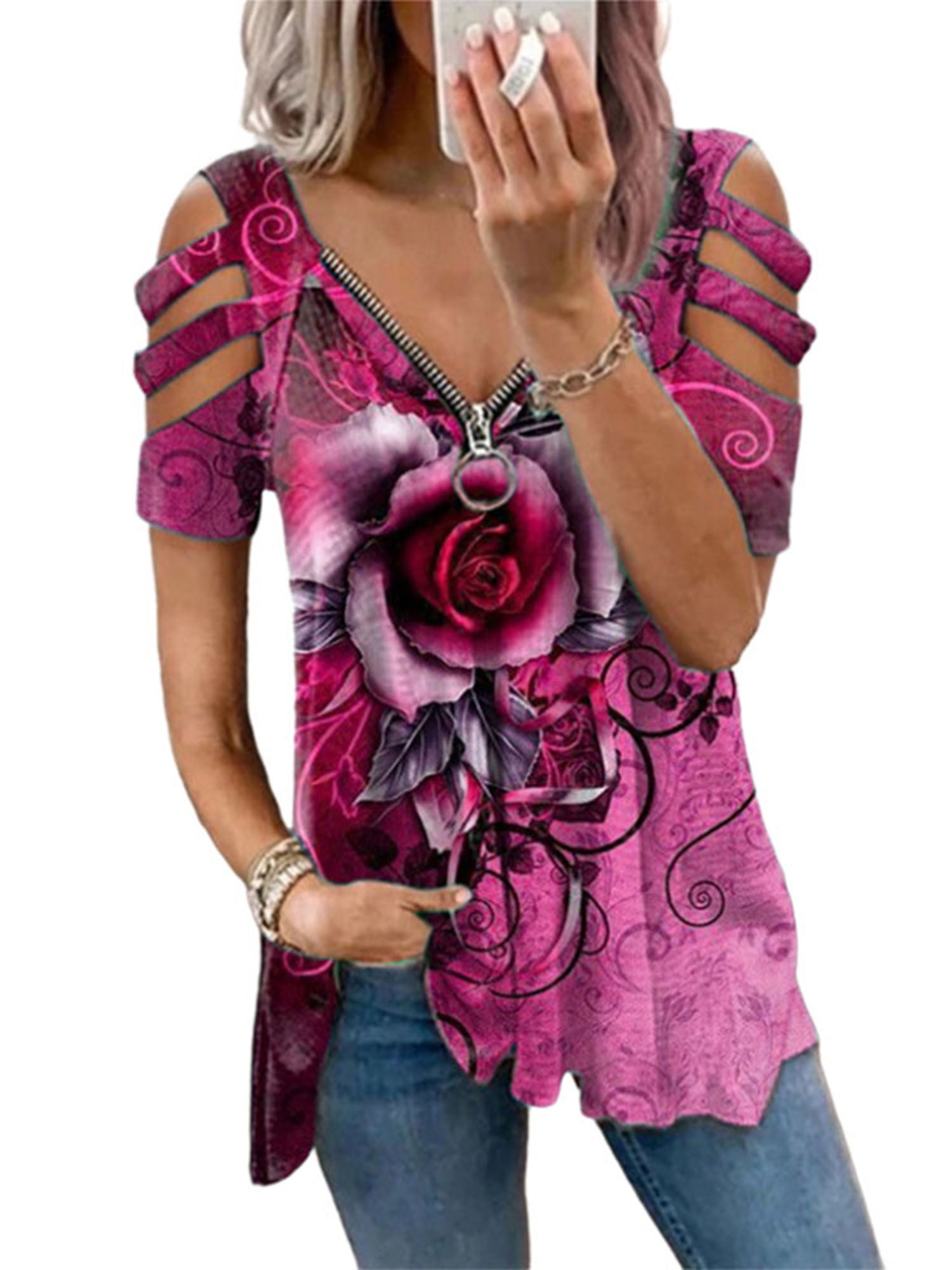 Sexy Dance Plus Size Summer Tops Womens Cold Shoulder Zip V Neck Short